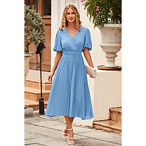 PRETTYGARDEN Women's Summer Pleated Midi Dress Wrap V Neck Puff Sleeve Casual Chiffon A Line Flowy Dresses (Light Blue,Large)