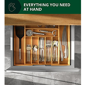 Luxury Bamboo Kitchen Drawer Organizer - Silverware Organizer - Utensil Holder and Cutlery Tray with Grooved Drawer Dividers for Flatware and Kitchen Utensils (9 Slot, Natural)