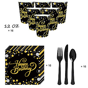 Mocossmy 50th Birthday Party Supplies and Decorations Kits - Black Gold Paper Plates&Cups,Napkins,Straws,Cutlery,Tablecloth,Happy Birthday Banner,Balloons for Women Men Birthday Party Favors,Serves 16