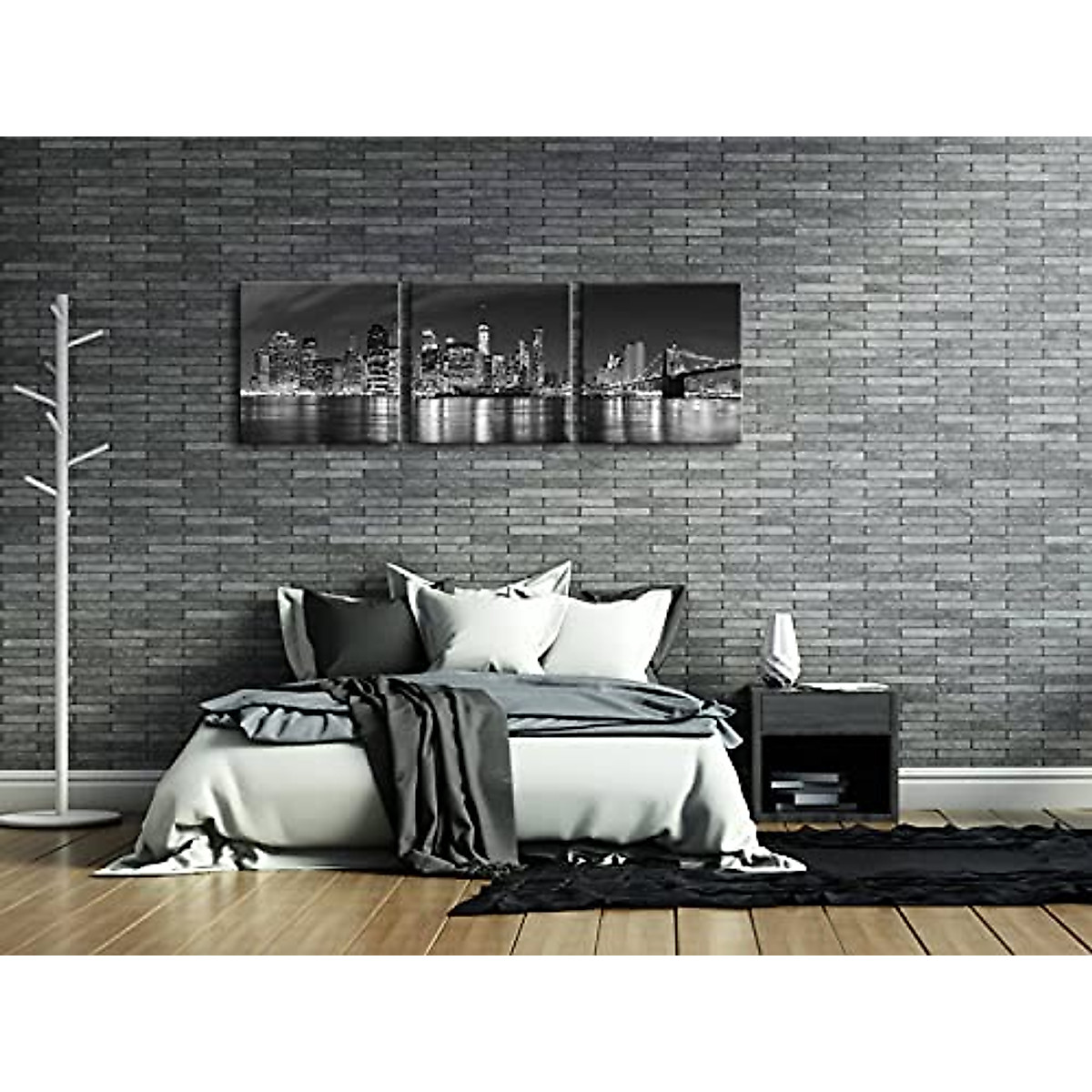 Pyradecor New York City Skyline Night Modern 3 Panel Stretched and Framed Black and White Cityscape Giclee Canvas Prints Pictures Paintings on Wall Art for Living Room Bedroom Home Decorations