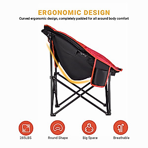 KingCamp Foldable Saucer Moon Lounge Chair with Cupholder Storage Pocket for Indoor Home or Outdoor Camping and Tailgating Use, Black/Red