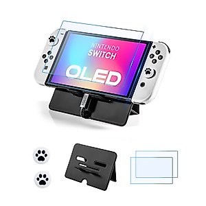 Playstand for Nintendo Switch, Portable and Foldable Magnetic Stand for Nintendo Switch/Steam Deck/Phone, 3 in 1 Accessories Kit with Stand, 2pcs Switch OLED Screen Protectors & 2pcs Wheel Grip Caps