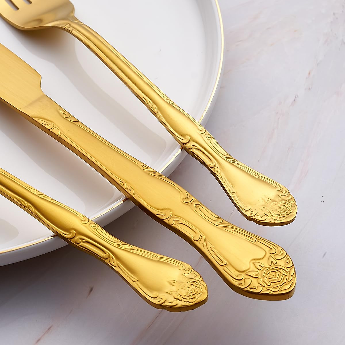 30-Piece Gold Silverware Set, FULLYWARE Stainless Steel Satin Finish Flatware Cutlery Set include Forks, Spoons and Knives, Rose Pattern Design, Service for 6