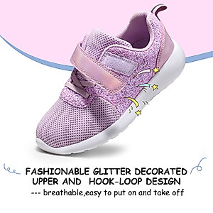 Harvest Land Kids Glitter Tennis Shoes Slip-On Toddler Fashion Sneakers Running Shoes with Woven Breathable Sports Shoes for Girls Hook-Loop Outdoor Casual, Purple, US2