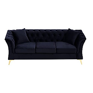 kevinplus 84'' Chesterfield Sofa Couch for Living Room, Modern Velvet 3-Seat Upholstered Sofa Couch for Apartment Bedroom Dorm Office, Strong Gold Metal Legs, 2 Pillows, Black