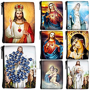 Windyun 8 Pcs Catholic Rosary Pouch 3.5'' x 2.8'' Coin Purse Rosary Holder Rosary Bag Icon Bag with Zipper for Prayer Storage (Religious)