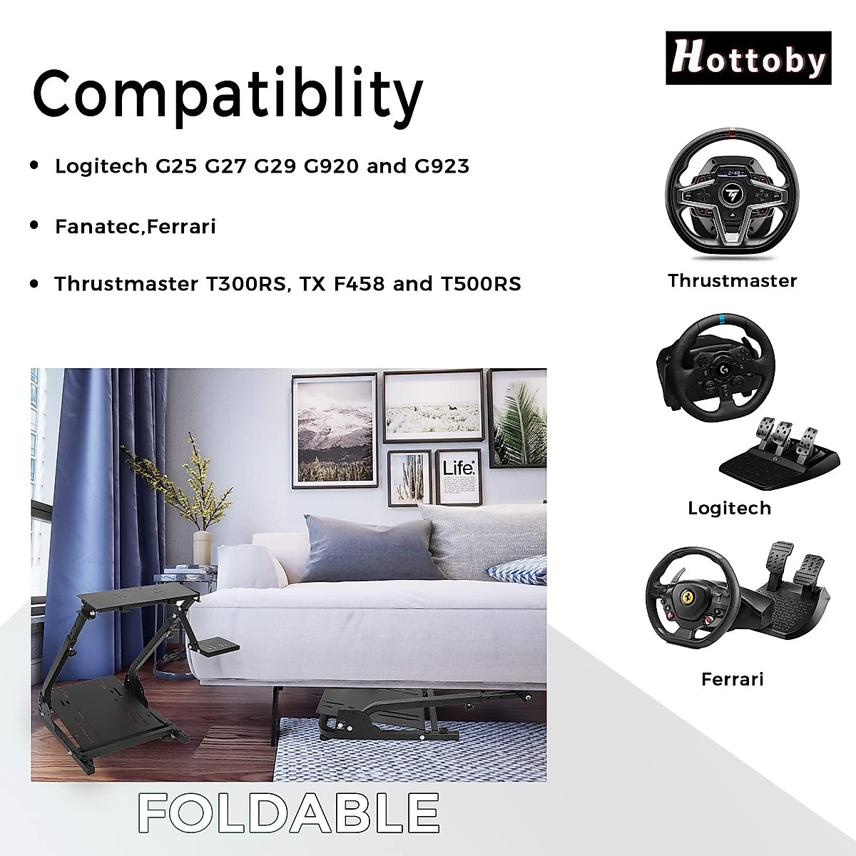 Hottoby Racing simulator cockpit Steering Wheel Stand Foldable&Multi-level Adjustable Fit for Logitech/Thrustmaster G25,G27,G29,G920,G923&T150,T248,T300 Gaming Simulator Cockpit,No Wheel Pedals