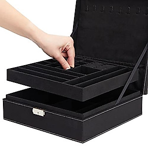 Black Jewelry Box with Lock and Key, 2 Layer Travel Display Case and Storage Organizer with Removable Tray for Earrings, Men, Girls, and Women (10.5x10.5x3.5 in)