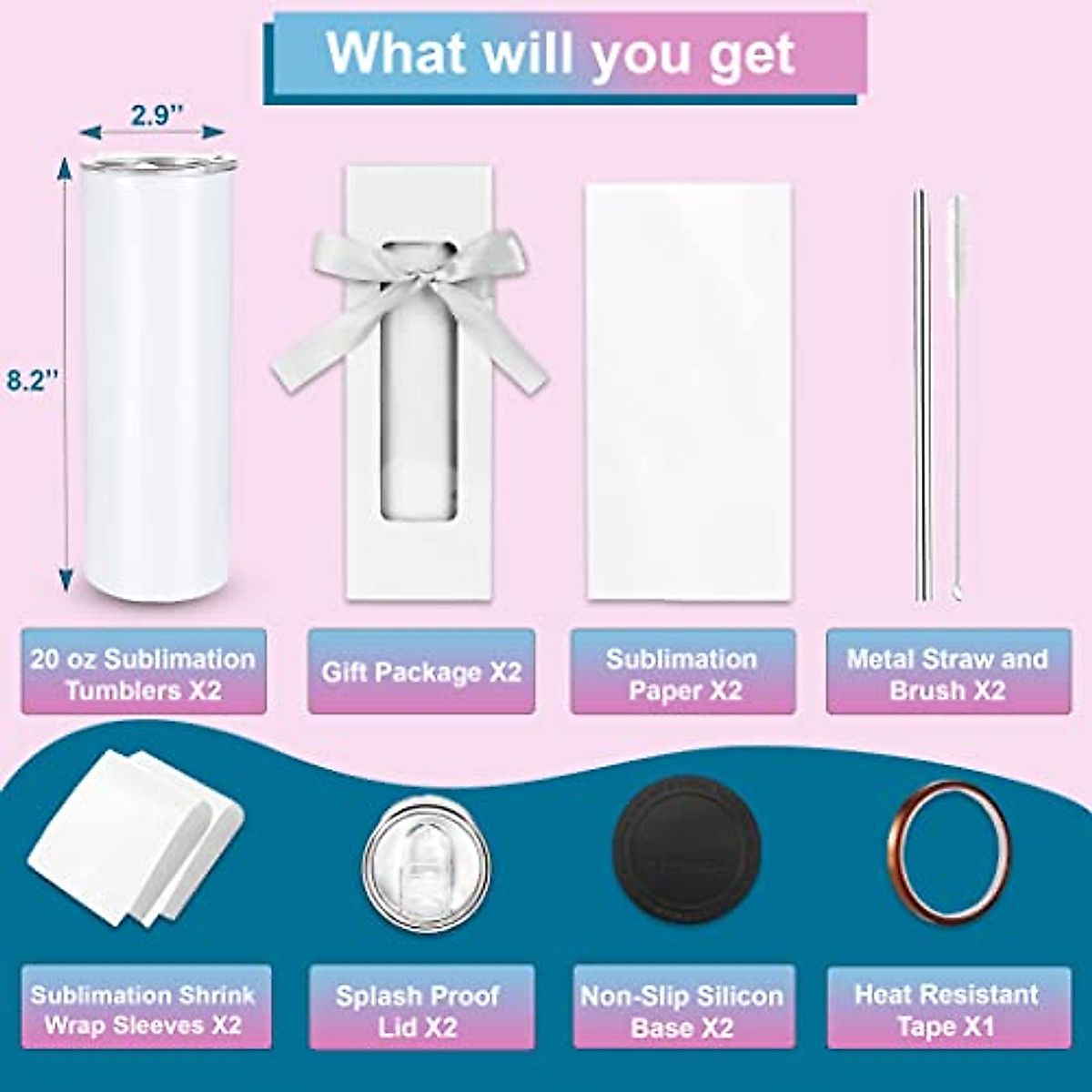 2 Pack 20 Oz Sublimation Tumblers with Lids and Straws, Insulated Stainless Steel 20 Oz Tumbler Bulk, Individual Box Skinny Tumblers with Lids and Straws, Bottle Cap, Shrink Wrap, Heat Resistant Tape