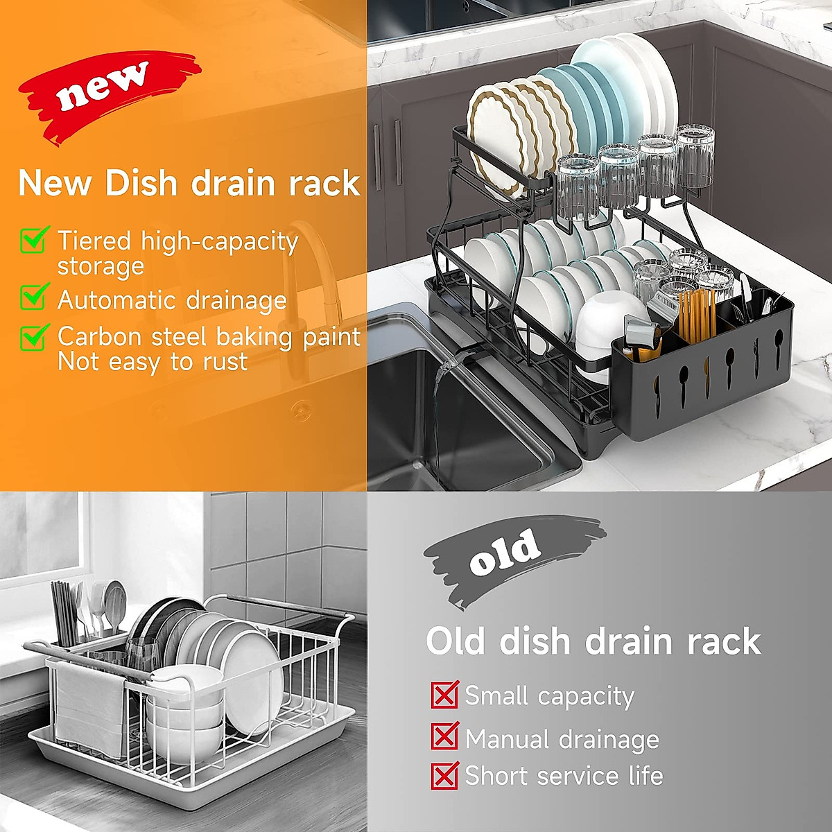 ACALANTHA Dish Drying Rack with Drainboard, Large Dish Racks for Kitchen Counter, 2 Tier Dish Holder with Silverware Drying Rack.(Black)