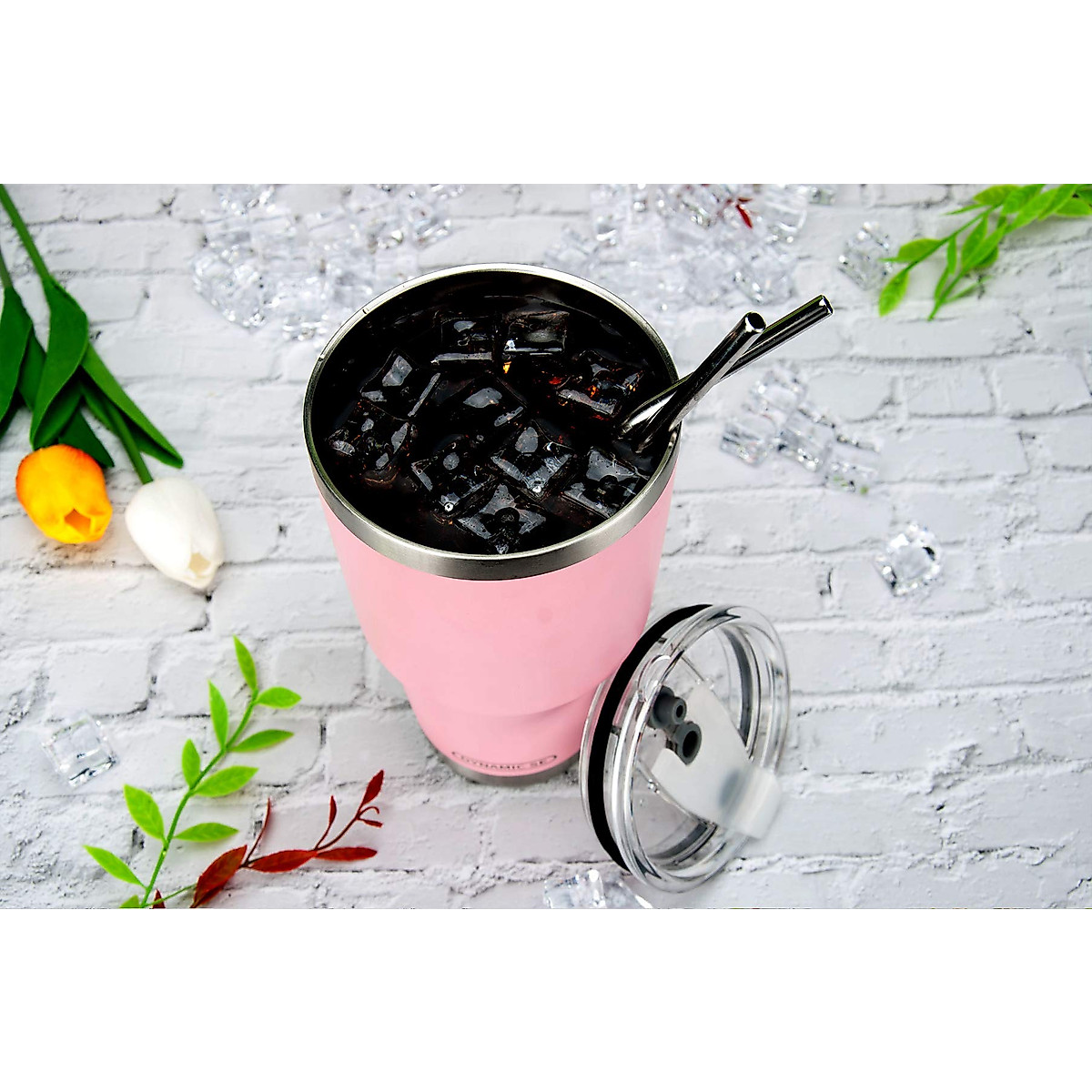 DYNAMIC SE 30oz Tumbler Double Wall Stainless Steel Vacuum Insulated Travel Mug with Splash-Proof Lid Metal Straw and Brush (Pink)