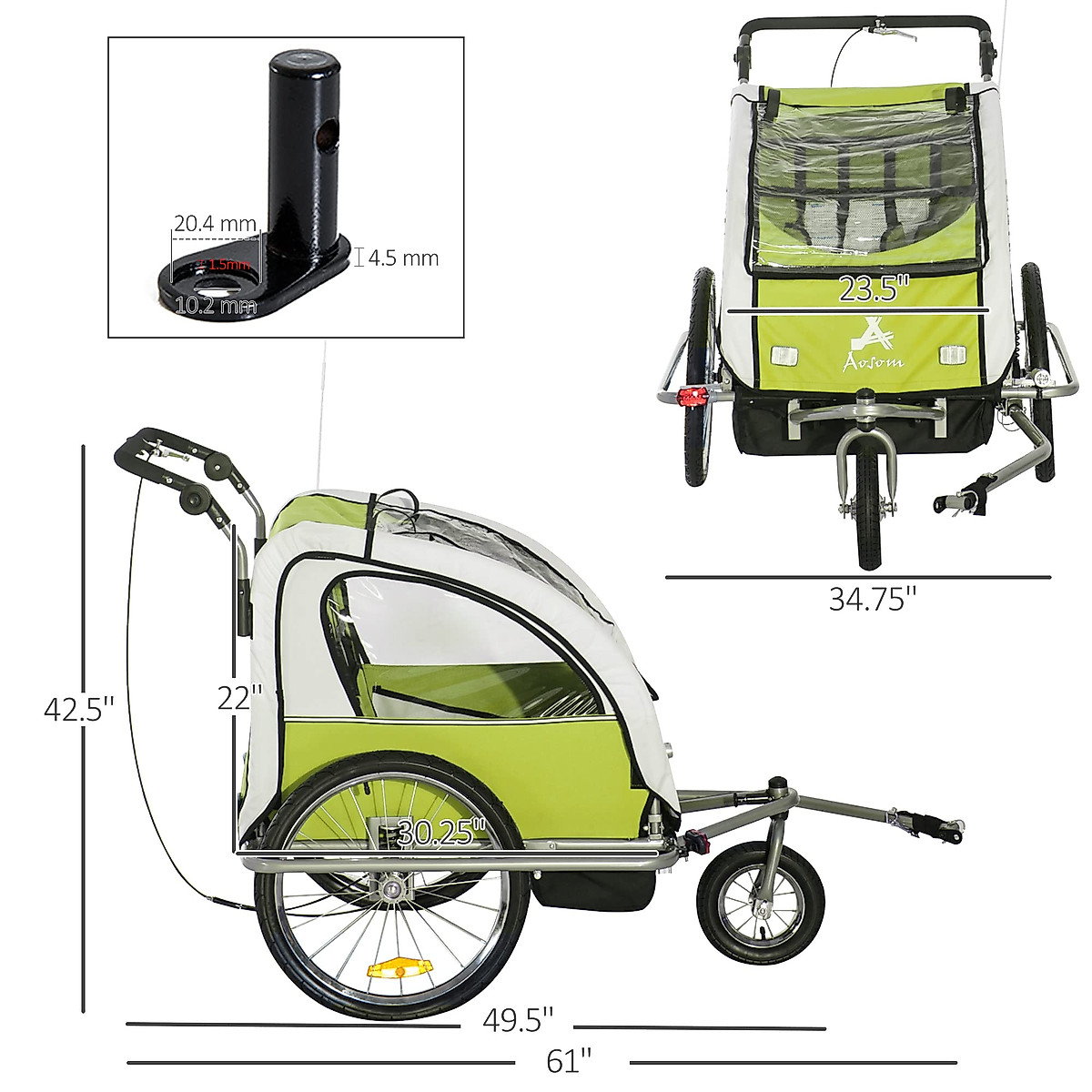 Aosom Elite 360 Swivel Bike Trailer for Kids Double Child Two-Wheel Bicycle Cargo Trailer with 2 Security Harnesses, Green