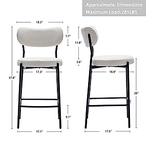 DUHOME 26'' Counter Height Bar Stools Set of 2,Upholstered Barstools with Back for Kitchen Island,Boucle Chair Bar Chairs for Dining Room Living Room,Bistro Pub,Bedroom,Cream