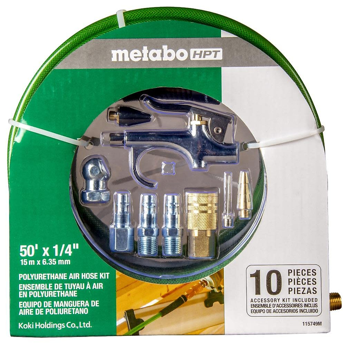 Metabo HPT Air Compressor Accessory Kit | Poly 50 Ft x 1/4-Inch Air Hose w/Accessories | 10 Piece Kit | 115749M