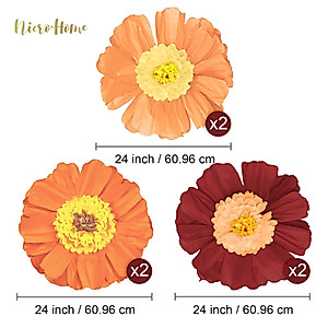 NICROHOME Fall Decorations, 6 PCS Large Dark Red and Orange Crepe Paper Flowers Pom Poms Wall Decorations for Halloween Thanksgiving Retro Rustic Bridal Shower Cutie Baby Shower Holiday Party Supplies