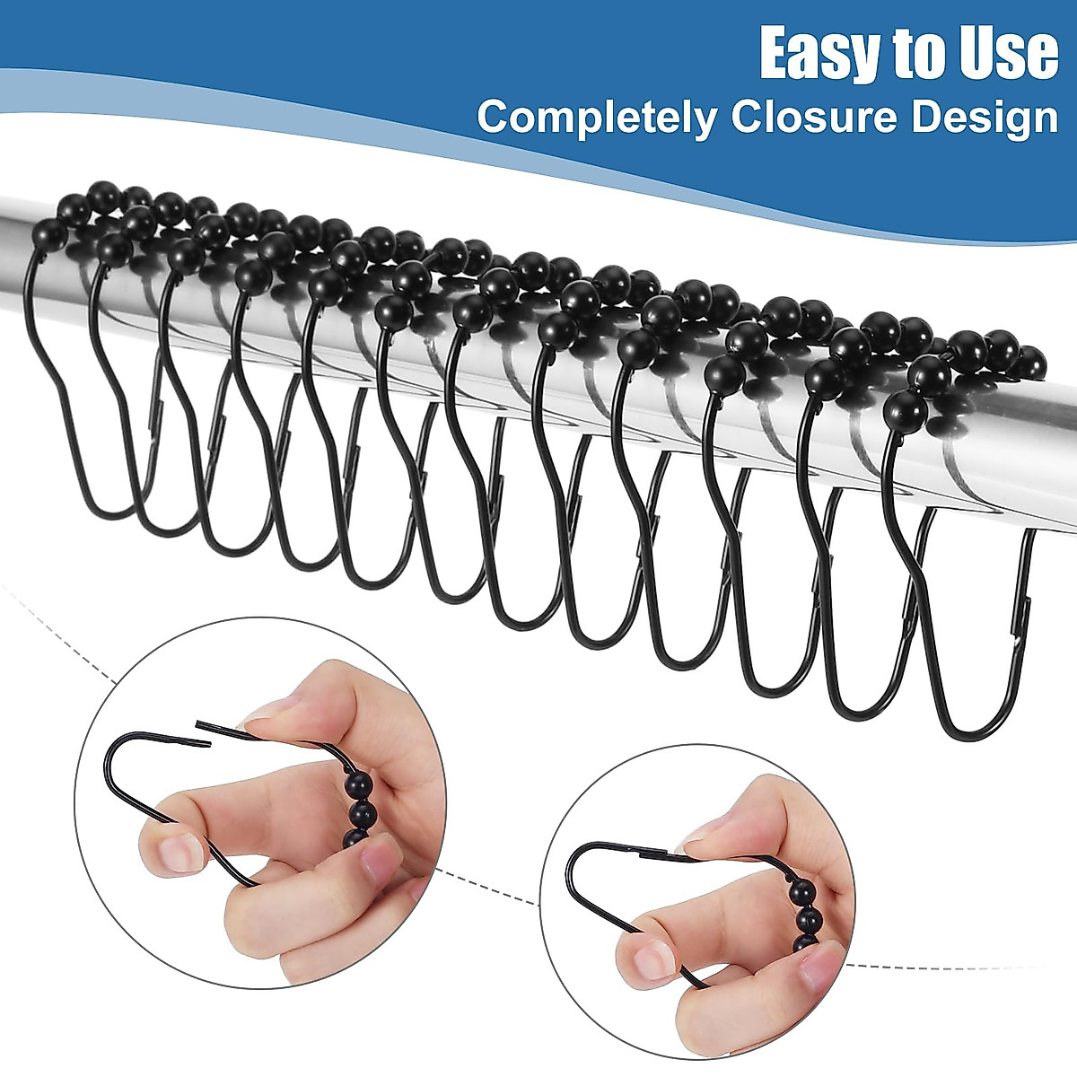 Shower Curtain Rings,Shower Curtain Hooks,Rust Proof Secure Lock Ring Clips for Hanging Bathroom Curtain (Black Pear-Shape)