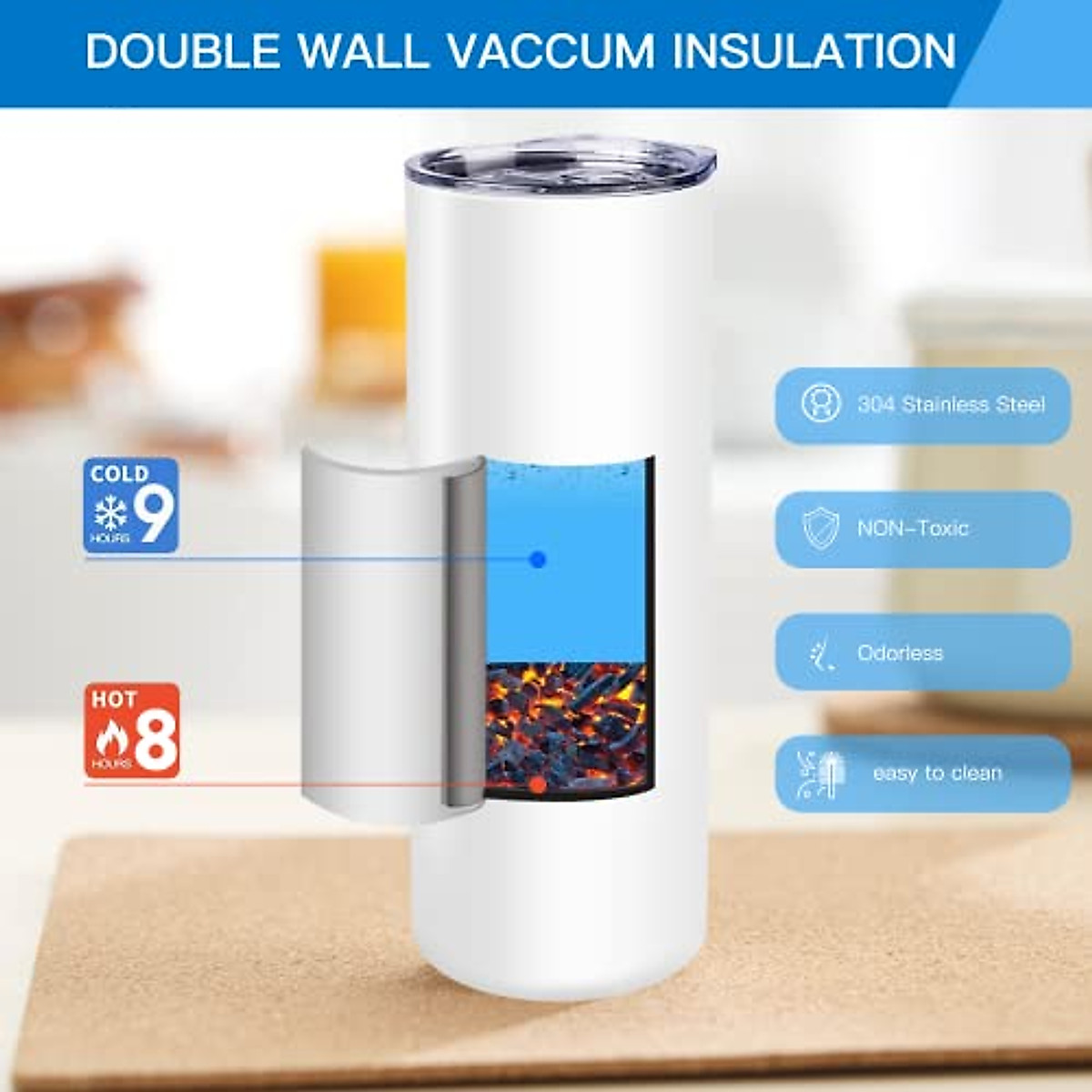 Munskine 4 Pack Sublimation Tumblers 20 Oz Skinny Stainless Steel Double Wall Tumbler Blanks - Sublimation Tumblers with Lid, Straw, Brush & Shrink Wrap -White