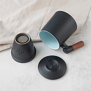 HEER Ceramic Tea Mug with Infuser and Lid, Black Wooden Handle Tea Cup with Filter for Steeping Loose Leaf, 13.5oz/400ml.