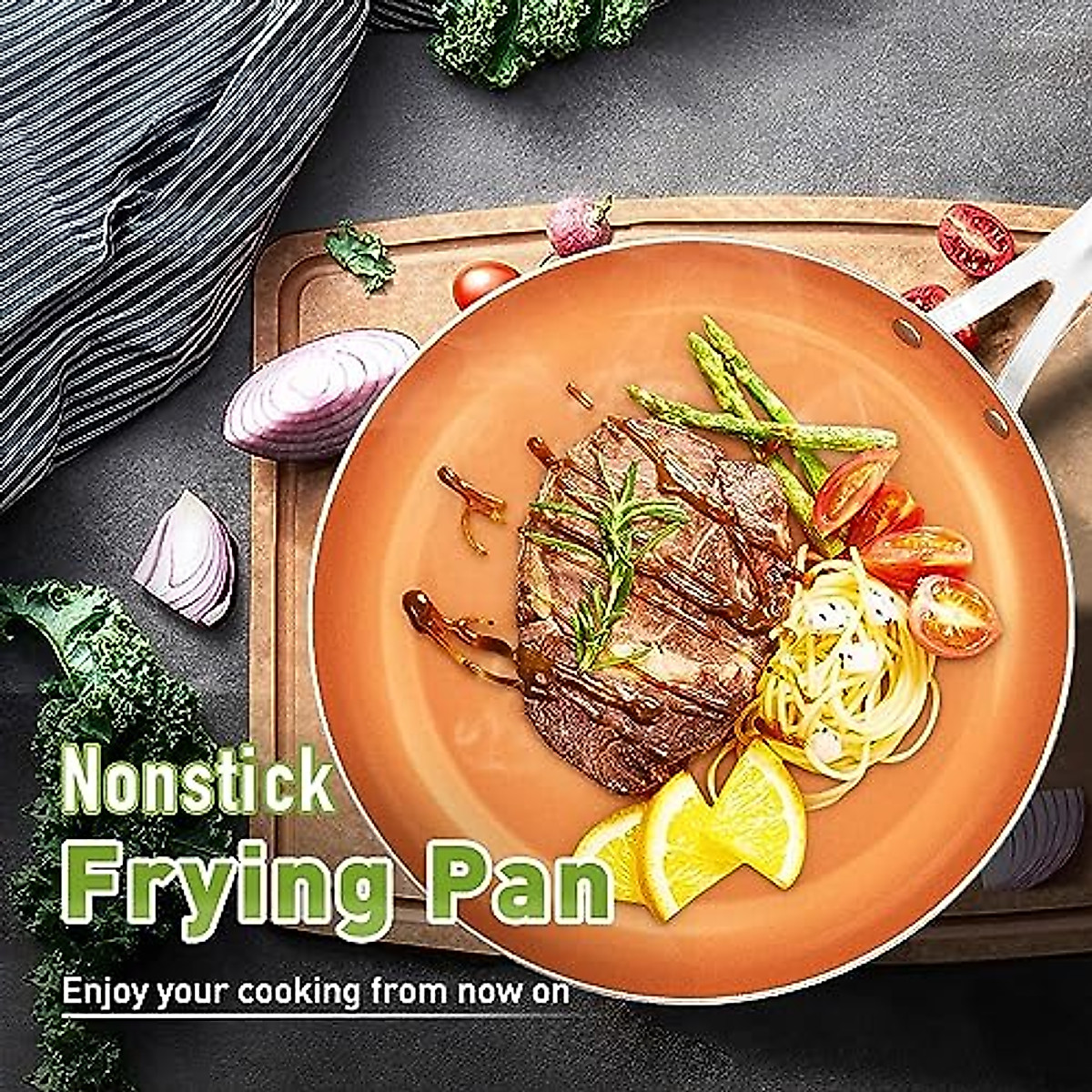 Artbros Frying Pan Set, Nonstick Skillet Pan Induction Aluminum Copper Pan with Ceramic Coating and Stainless Steel Handle - 8", 10" and 12"