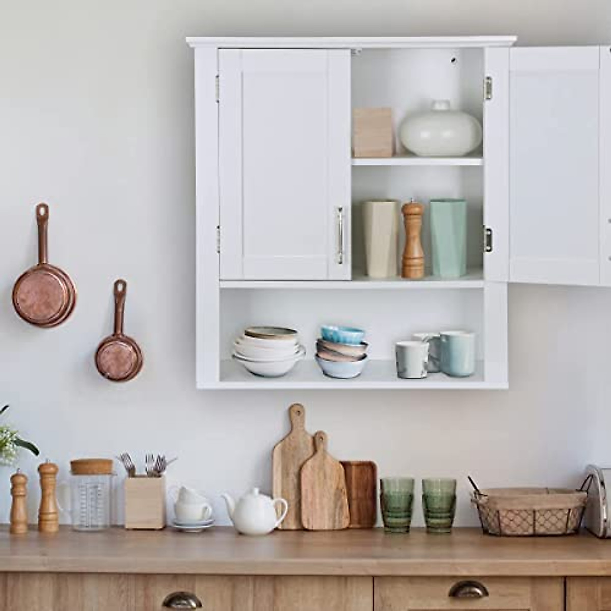 LEMY 2-Door Bathroom Surface Mount Medicine Cabinet, Wood Hanging Cabinet with Adjustable Shelves & Open Storage Over The Toilet for Bathroom Kitchen Bedroom