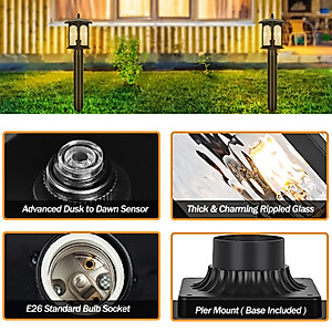 Dusk to Dawn Outdoor Post Light Fixture with Pier Mount Base - Waterproof Pole Outdoor Lighting, Modern Black Pillar Lantern Outside with Tempered Rippled Glass for Pathway, Garden, Patio, Anti-Rust