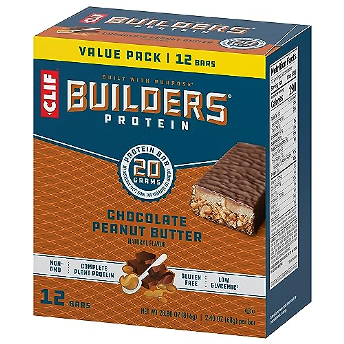 CLIF Builders - Chocolate Peanut Butter Flavor - Protein Bars - Gluten-Free - Non-GMO - Low Glycemic - 20g Protein - 2.4 oz. (12 Pack)