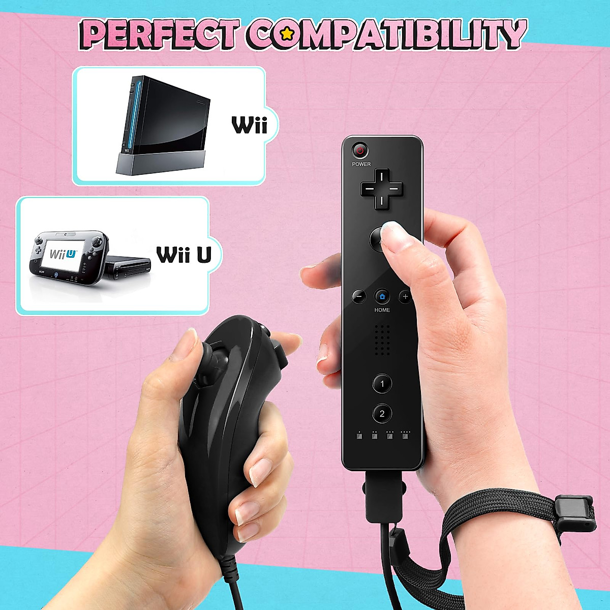 PGYFDAL Wii Controller 2 Pack, Wii Remote Controller and Nunchuck Joystick with Silicone Case and Wrist Strap for Holiday (Black and Pink)