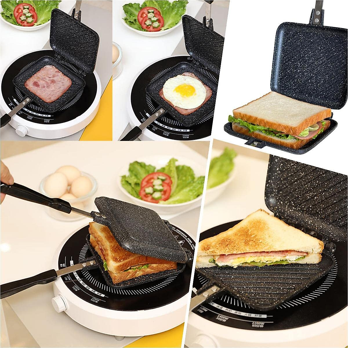 Grill Pan, Nonstick Egg Pancake Steak Frying Skillet with Lid Breakfast Cooker for Gas Stove Induction Cooking