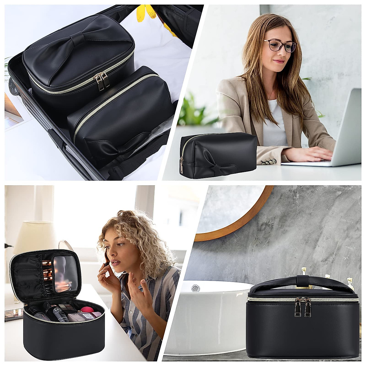 Makeup Bag 2 Pcs Cosmetic Bag Waterproof Large Make Up Bag for Travel Bow-Knot Storage Bag Portable Cosmetic Pouch Makeup Brush Organizer Toiletry Case for Women and Girls Black