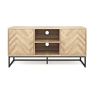 Nathan James Dylan Media Console Cabinet or TV Stand with Doors for Hidden Storage in a Natural Reclaimed Herringbone Wood Pattern and Metal, Oak/Matte Black