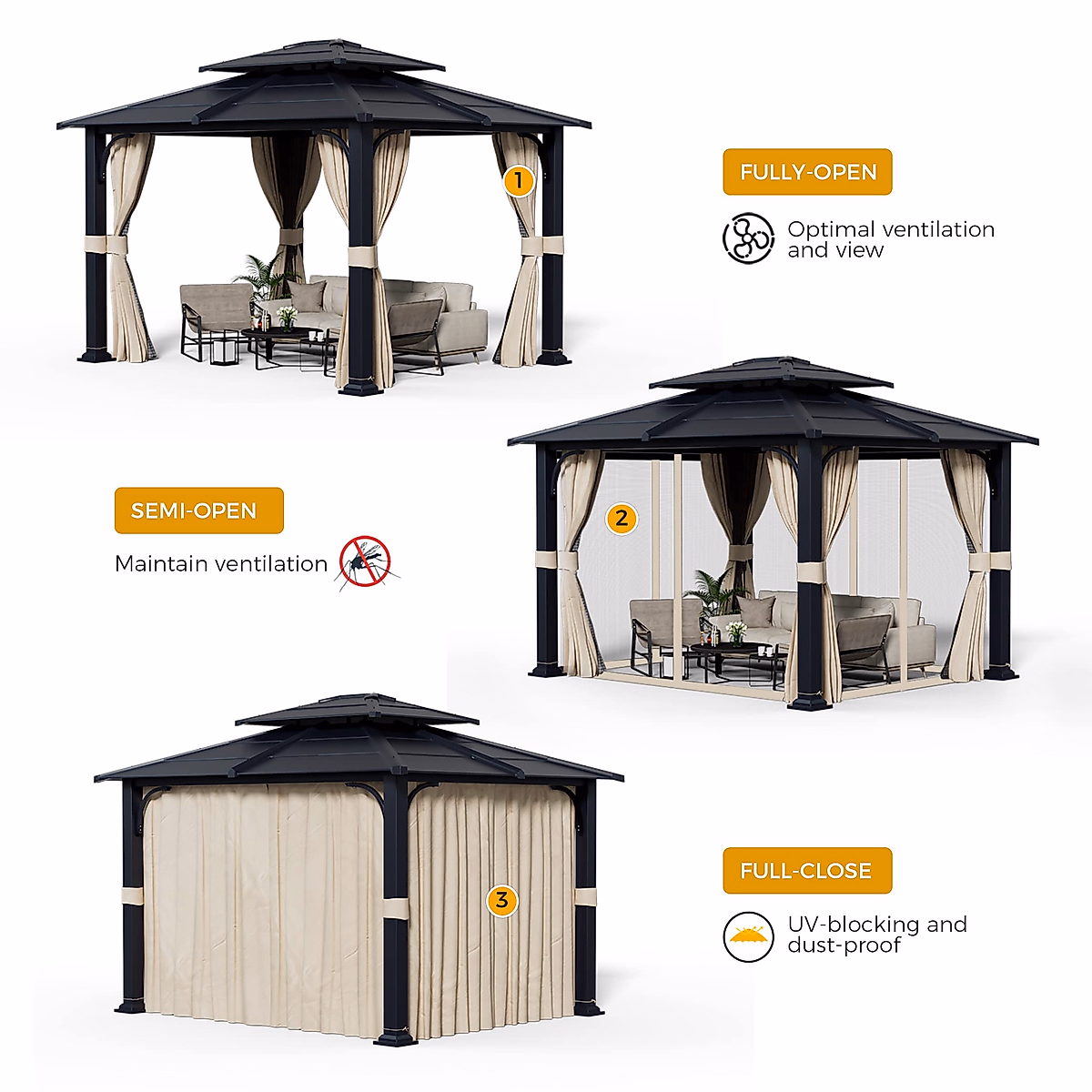 Metal Gazebo 10' x 12' W/Double Steel Roof, Permanent Anti-Rust Coating Iron Hardtop Outdoor Gazebo w/Curtains and Netting for Patio Backyard Garden Lawn Deck, w/Hook Design