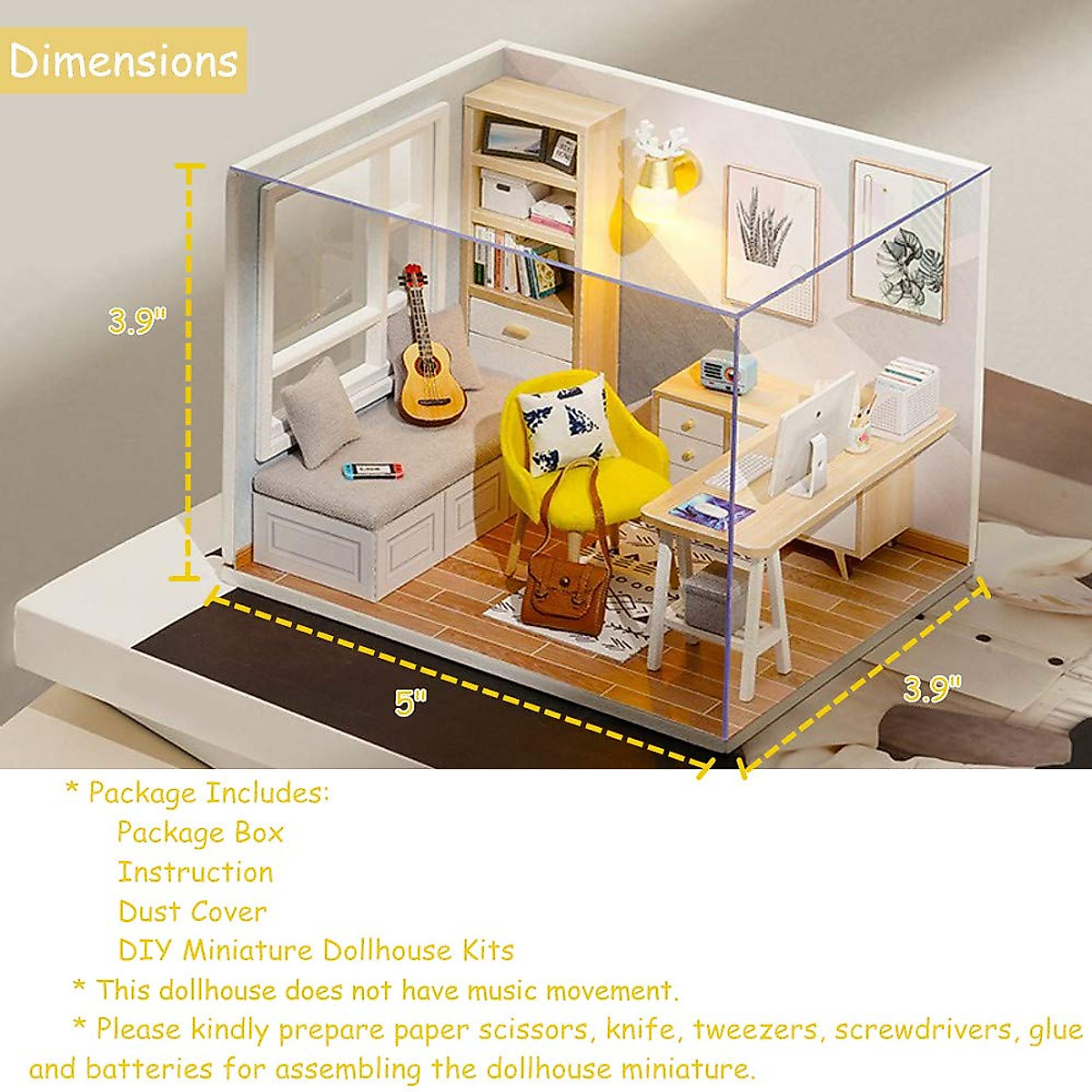 piberagi DIY Miniature Dollhouse Kit, 1:32 Scale Creative Room Mini Wooden Doll House with Furniture Plus Dust Proof for Kids Teens Adults(Study Room)