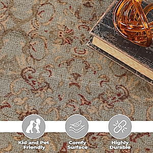 Superior Indoor Runner Rug, Jute Backed Rugs for Bedroom, Living/Dining Room, Office, Entryway, Hallway, Kitchen, Traditional Floral Scroll Floor Decor, Heritage Collection, Green, 2' x 11'