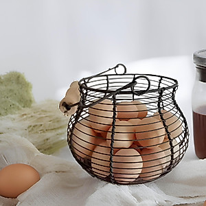 Metal Wire Egg Baskets for Collect Fresh Egg Baskets Countertop Holder, LINCOUNTRY Rustic Round Small Chicken Basket Gathering Fresh Egg With Handle,Country Primitive Farmhouse Vintage Storage Kid