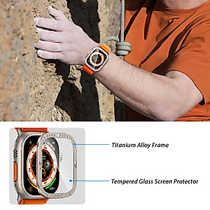 Amizee 2 Pack Metal Case Compatible with Apple Watch Ultra/Ultra 2 Screen Protector Case 49mm with Tempered Glass, Metal Frame Built in HD Glass Protective Cover for iWatch 49mm (B-Numeric Titanium)