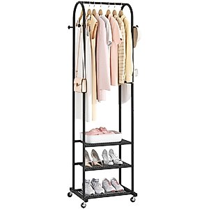 Kaitiemoo Heavy Duty Clothing Rack With Wheels,Modern Garment Rack With 3 Metal Shelves, 71.8Inches Display Rack For Hanging Clothes, Hanging Rod For Small Space,Black
