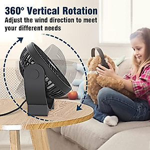 WayToLight Desk Fan Small Table Fan with LED Light USB Powered Portable Fan 3 Speeds Adjustable Head 360°Rotatable Mini Personal Fan for Home Office Bedroom Table and Desktop