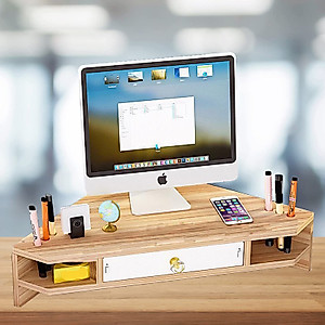 Triangle Monitor Riser,Corner Computer Monitor Stand with Drawer,Wooden Triangle Save Space Desktop Computer Stand with Office Organization,Desktop Corner Shelf with Drawers Wooden Laptop Stand Riser