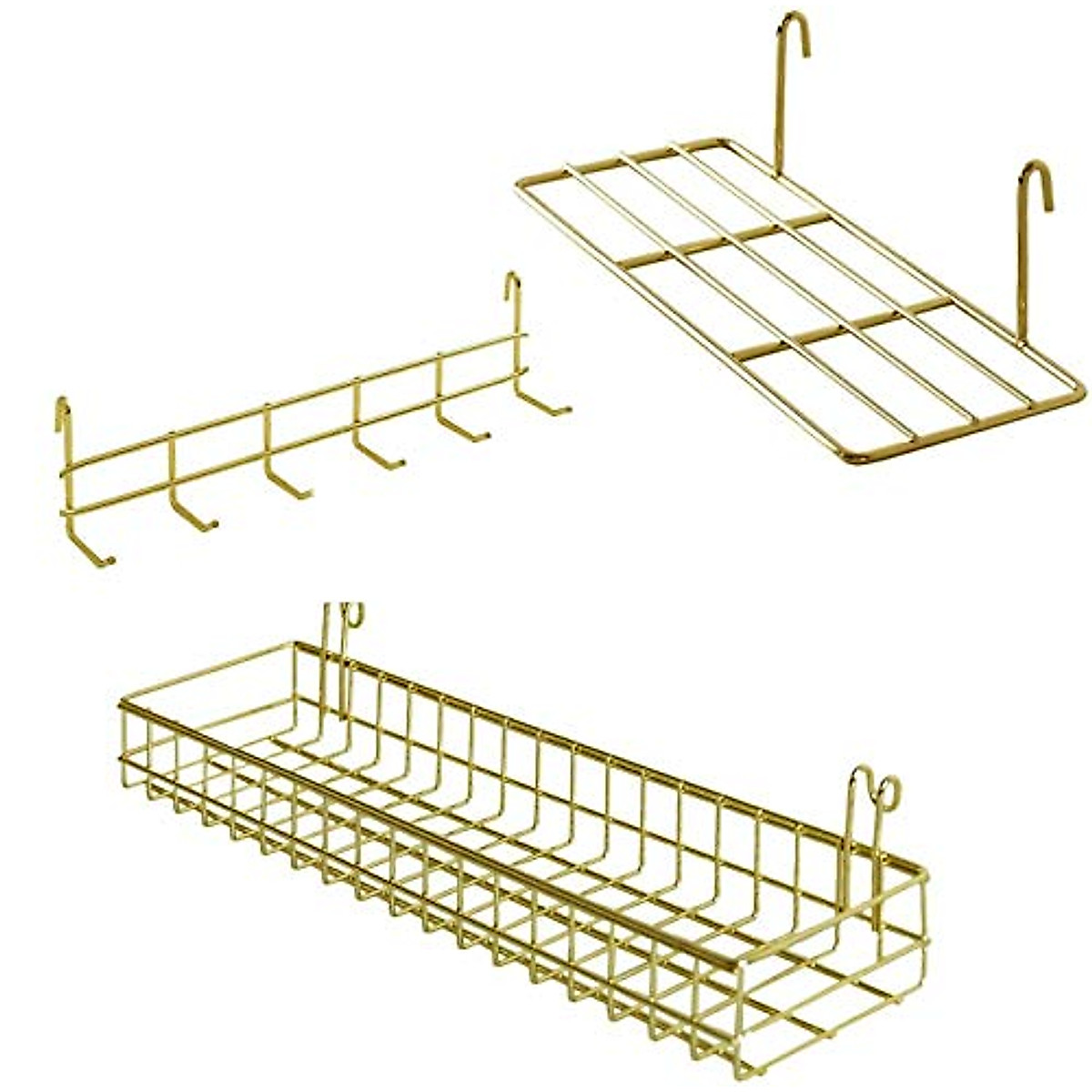 Yash Gold Floating Shelves Set for Wire Wall Grid Panel, Hanging Basket , Hook and Rack ,Wire Metal Storage Shelf Rack 3 in 1 Set Idea for Home and Office