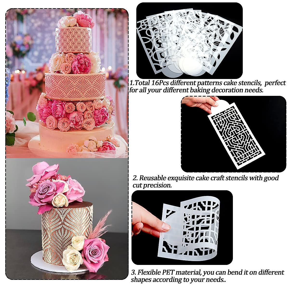 DI QIU REN 16PCS Cake Stencils Decorating Buttercream, 15X5.9 Inch Fondant Stencil for Cake Decoration Lace Cake Stencil & Template, Geometric Icing Stencil Cake Printing Mold Side Baking Mesh Stencil