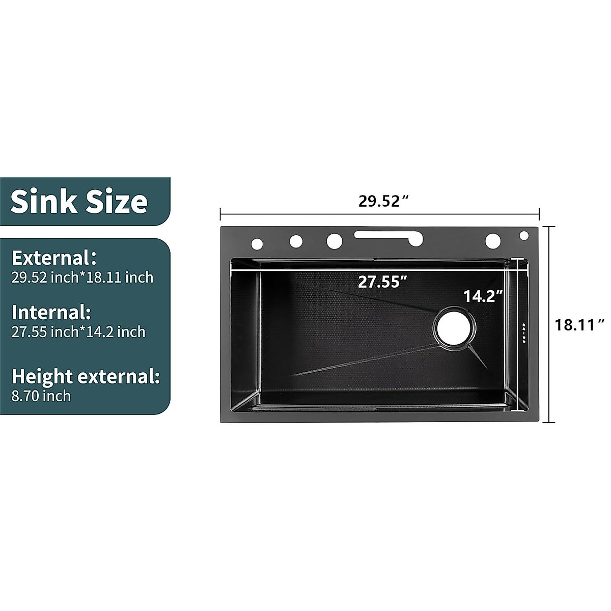 Digital Display Embossed Stainless Steel Nano Black Raindance Waterfall Drop In Sink with Pressurized Cup Washer and Two Waterfalls 29.5x18 INCH