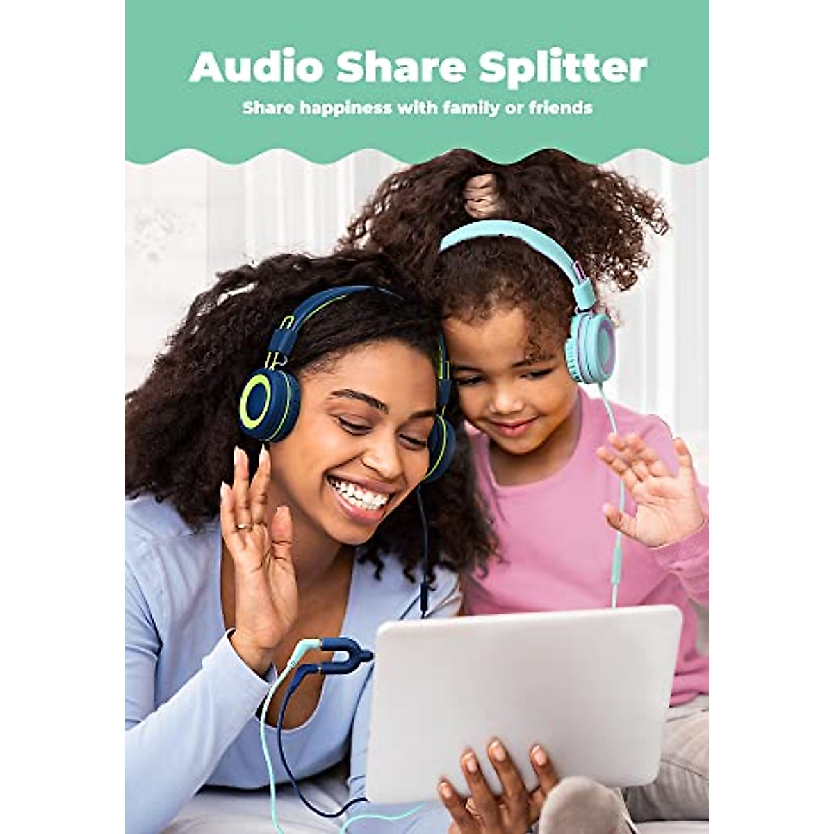 WeDuet Kids Headphones with Microphone, Wired Headphones for Kids Teens with Sharing Splitter, 91dB Safe Volume Limited Tangle-Free Foldable Stereo Headset for School Travel PC Kindle(2 Packs)