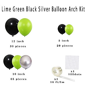 Lime Green, Metallic Silver, Black Balloons Set - 117PCS Fruit Lime Green Balloons Garland Video Game Party for Boy Men Video Gaming Tropical Safari Birthday Graduation Halloween Party Decorations