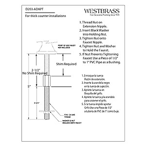 Westbrass D203-ADAPT 1/4 in. x 3 in. Threaded Shank Cold Water Dispenser Faucet Extension Adapter for Thick Countertops, Chrome