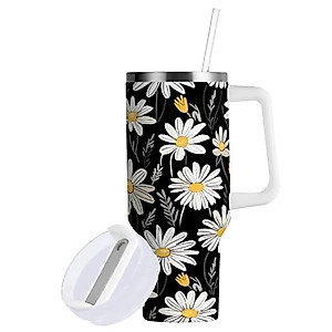 Jihqo Black Daisy 40 oz Stainless Steel Vacuum Insulated Tumbler with Handle and Straw Lid, Leakproof Water Bottle Double Wall Travel Mug Coffee Cup, Cupholder Friendly