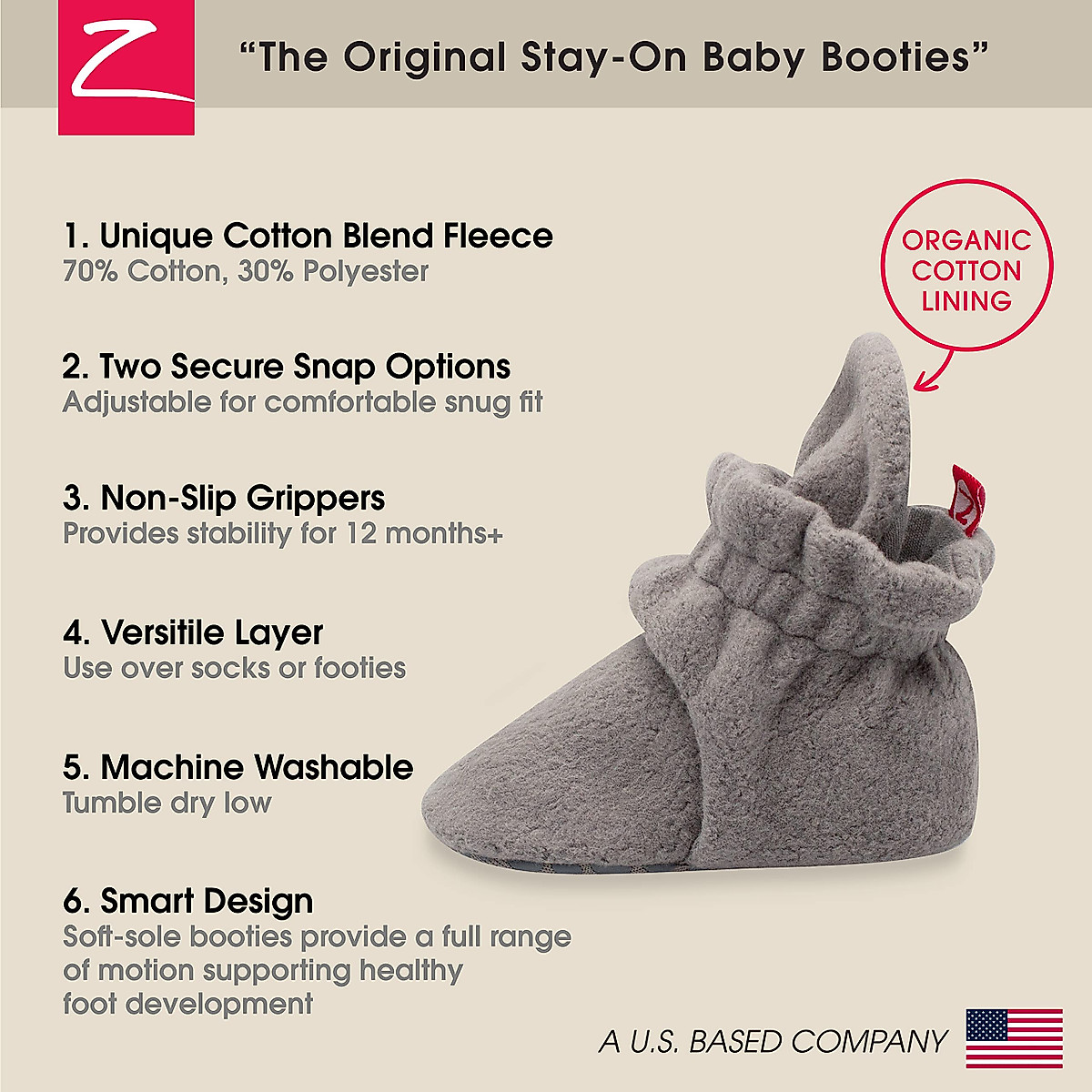 Zutano Unisex Cozie Fleece Baby Booties with Grippers, Baby Essentials, Gray, 18 Months