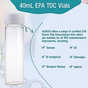 ALWSCI Borosilicate Clear Glass 40 ML EPA TOC Screw Neck Vial with White PP Screw Cap, Center Hole, PTFE Silicone Liner, Ultra-Clean, Case of 72
