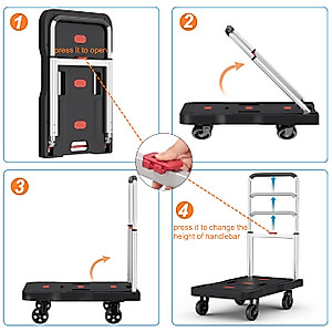 Platform Truck Foldable Push Cart Dolly 330lb Weight Capacity, Adjustable Hand Truck Handle with 360 Degree Swivel Wheels for Garage Garden Home & Office Use, Black