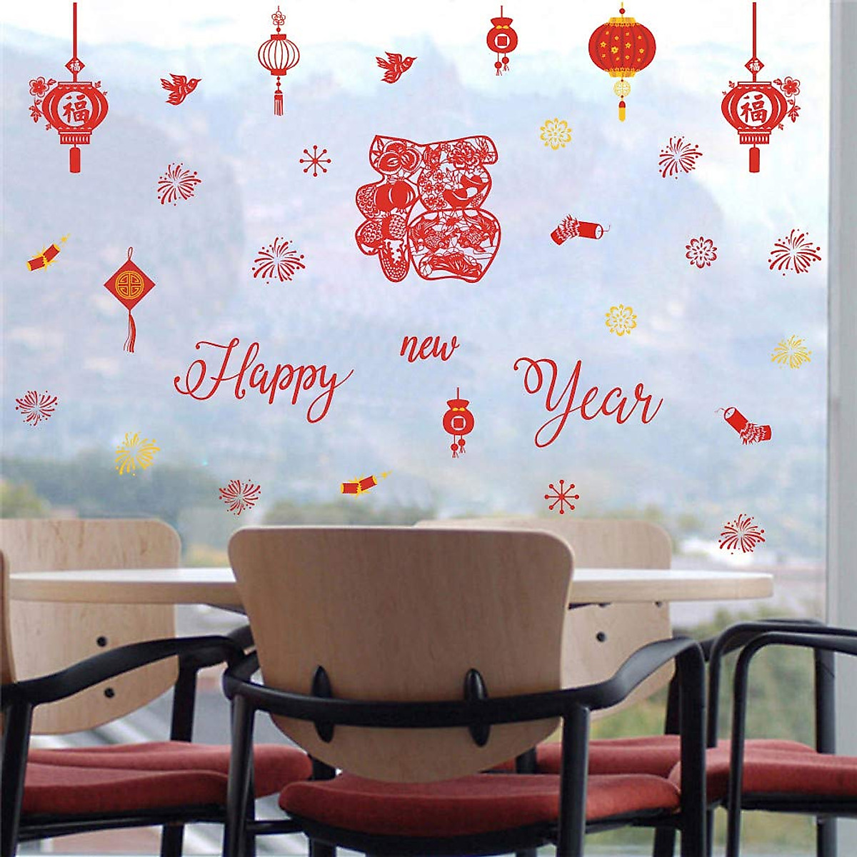 IARTTOP Chinese New Year Wall Decal, Spring Festival Wall Sticker, Fu Character Lantern Fireworks Red Sticker for Window Cling Living Room Decor,Happy New Year Supplies
