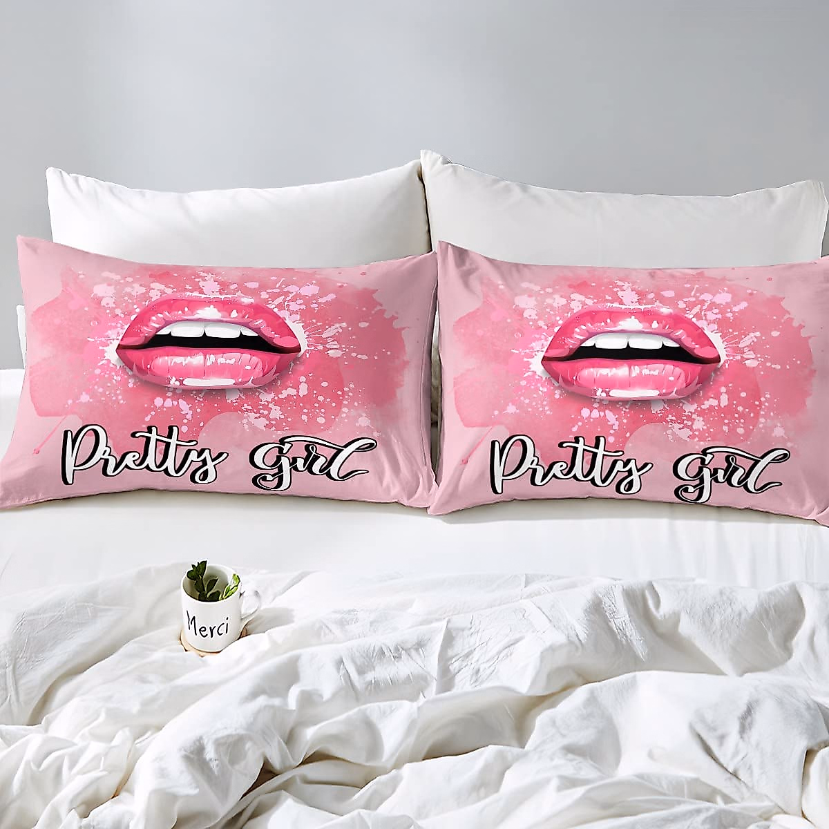 Erosebridal 3D Print Bed Sets Full Size,Pink Lip Duvet Cover for Kids Girls Women Teens,Sexy Theme Comforter Cover for Home Room Decor,Romantic Valentines Day Bedding Sets with 2 Pillow Covers